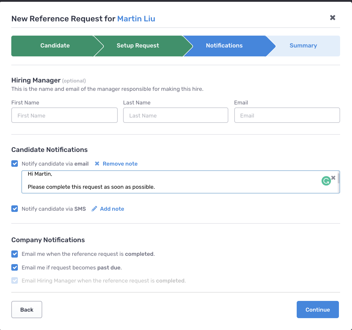 Requesting References from a Candidate